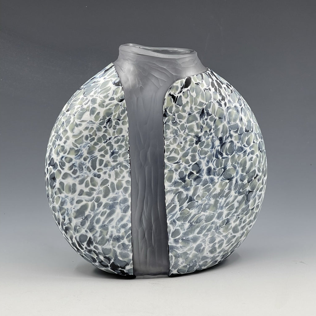 white Cascade Vase, flattened blown glass vase, engraved glassware