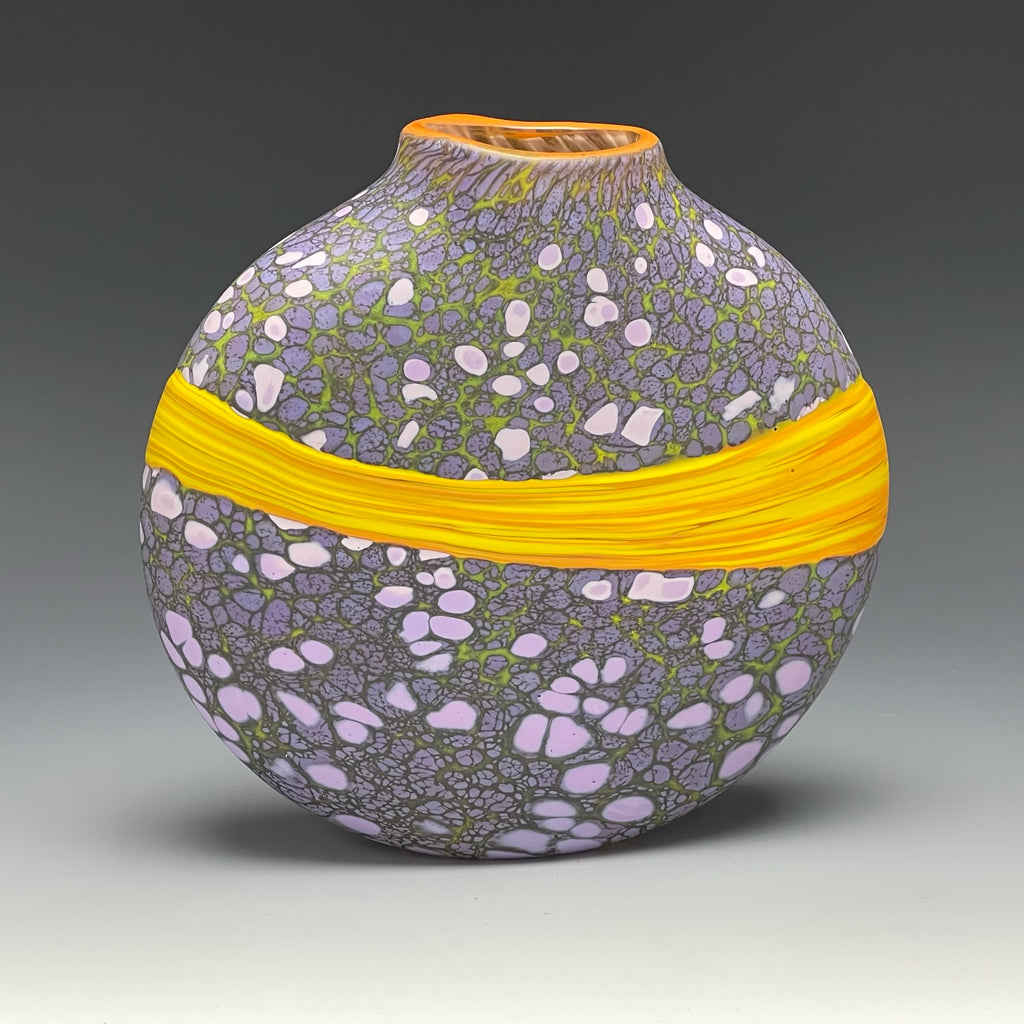 purple Strata Vase, flattened blown glass vase, striped vase